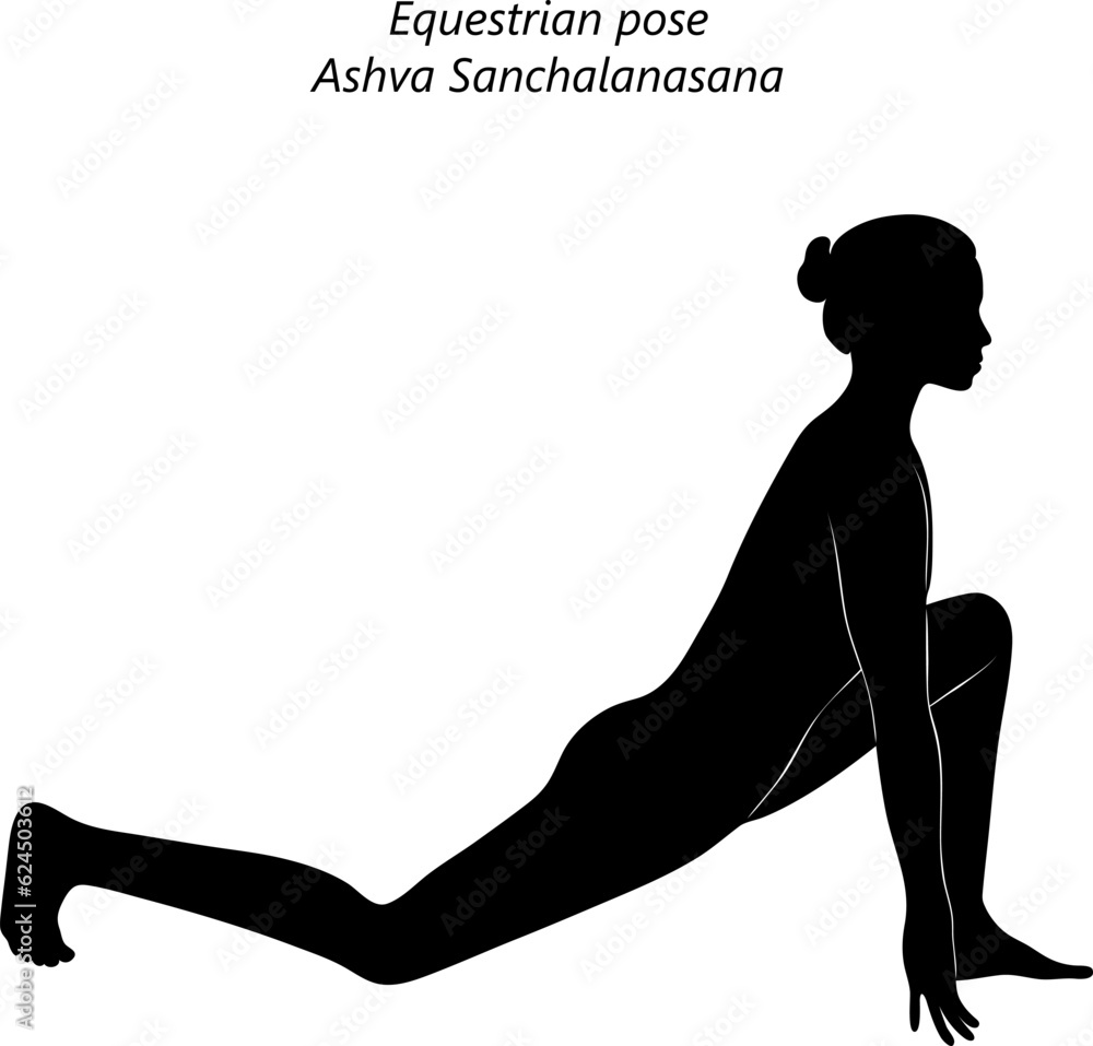 Black silhouette of young woman practicing yoga, doing Equestrian pose ...