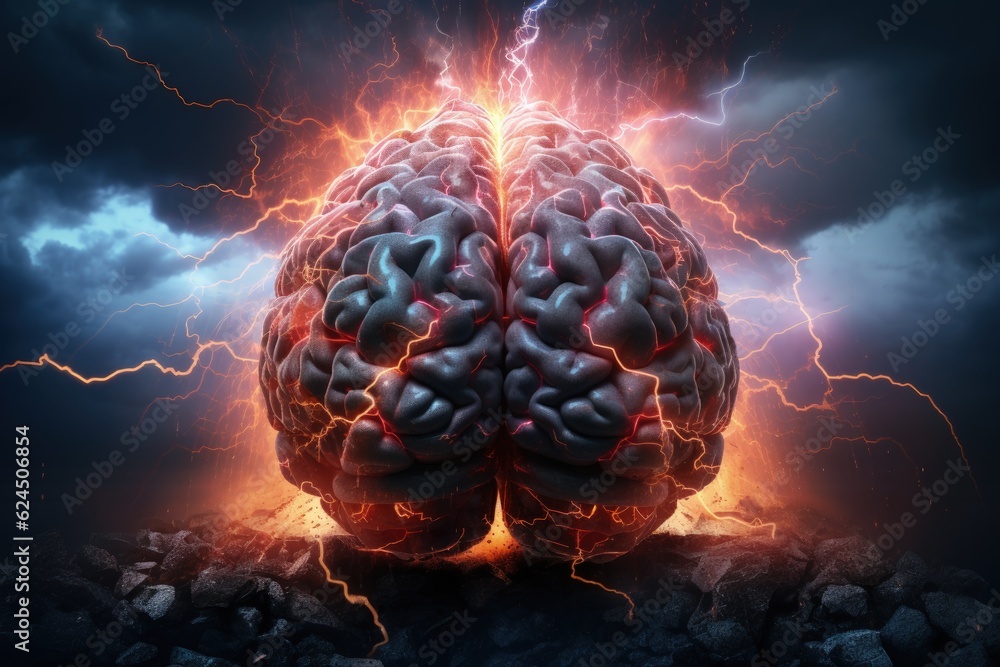 3d Model Of Human Brain And Neurons With Lightning. Generative Ai Stock ...