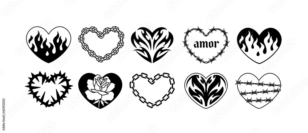 Y2k Gothic Punk Hearts tattoo art stickers set 3. Vector black hearts ...