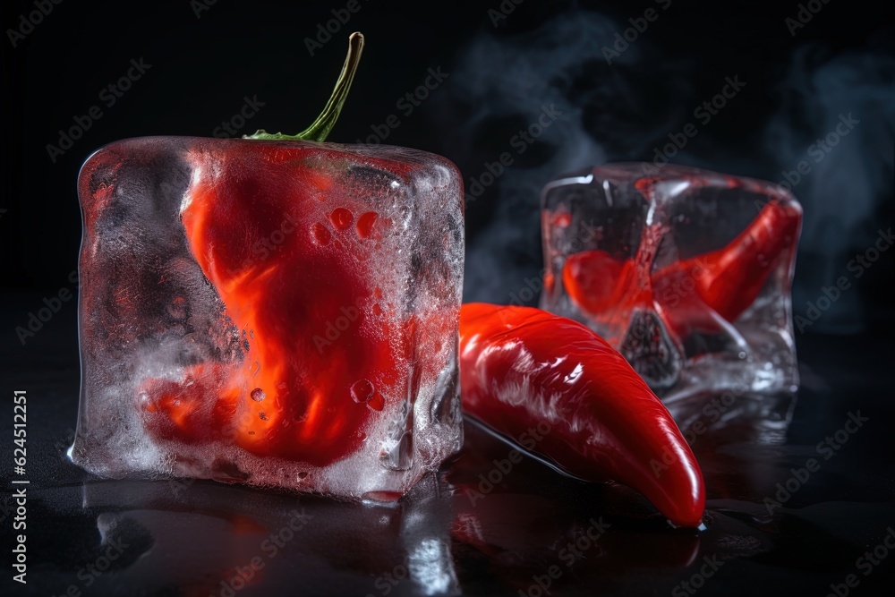 Red hot chili pepper frozen in ice cube on black background with smoke ...