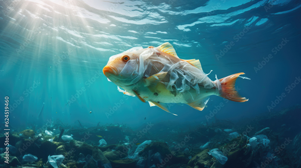 Fish swims among plastic ocean pollution. Environment concept ...
