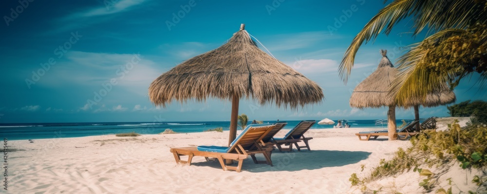 lounge chairs on the beach, Lounge Chairs, Thatched Umbrella, and White ...