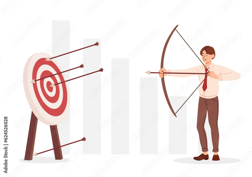 Archer shoots at target concept. Man with bow near bullseye. Vision for ...