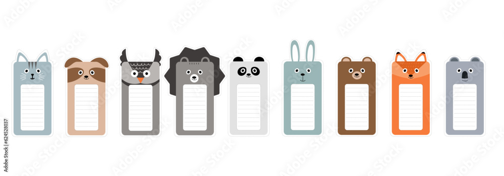 Cartoon animal bookmarks set with a space for writing. Animal head set ...