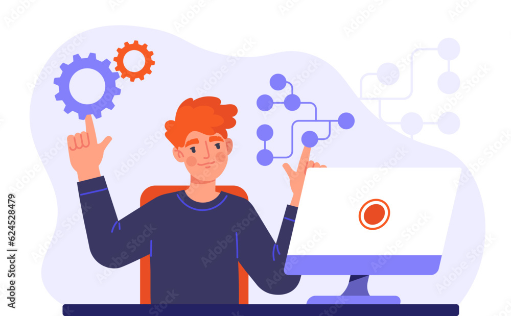 Technical logical thinking concept. Man with laptop and diagram or ...