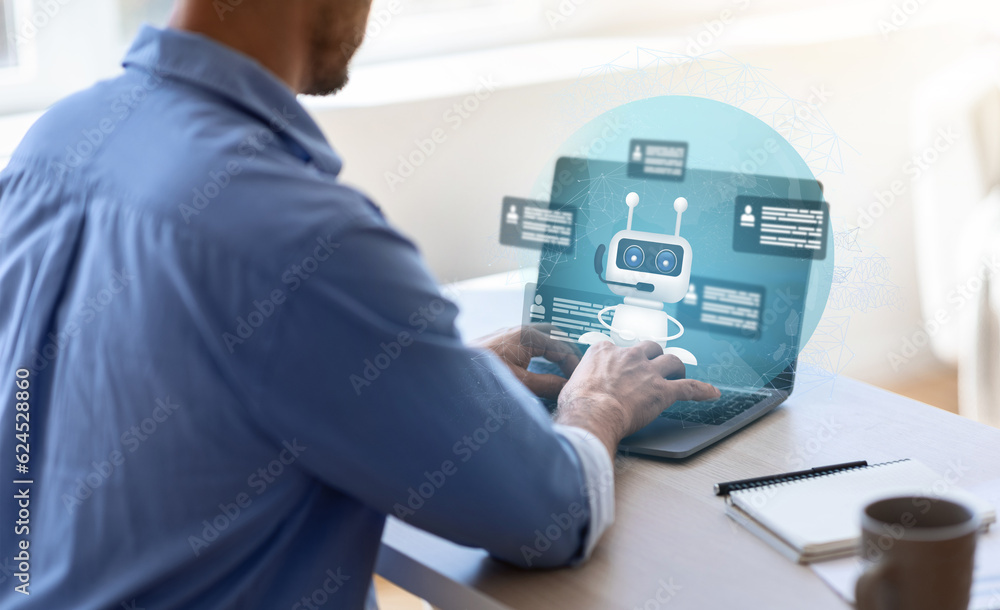 Unrecognizable african guy independent contractor using chatbot on ...