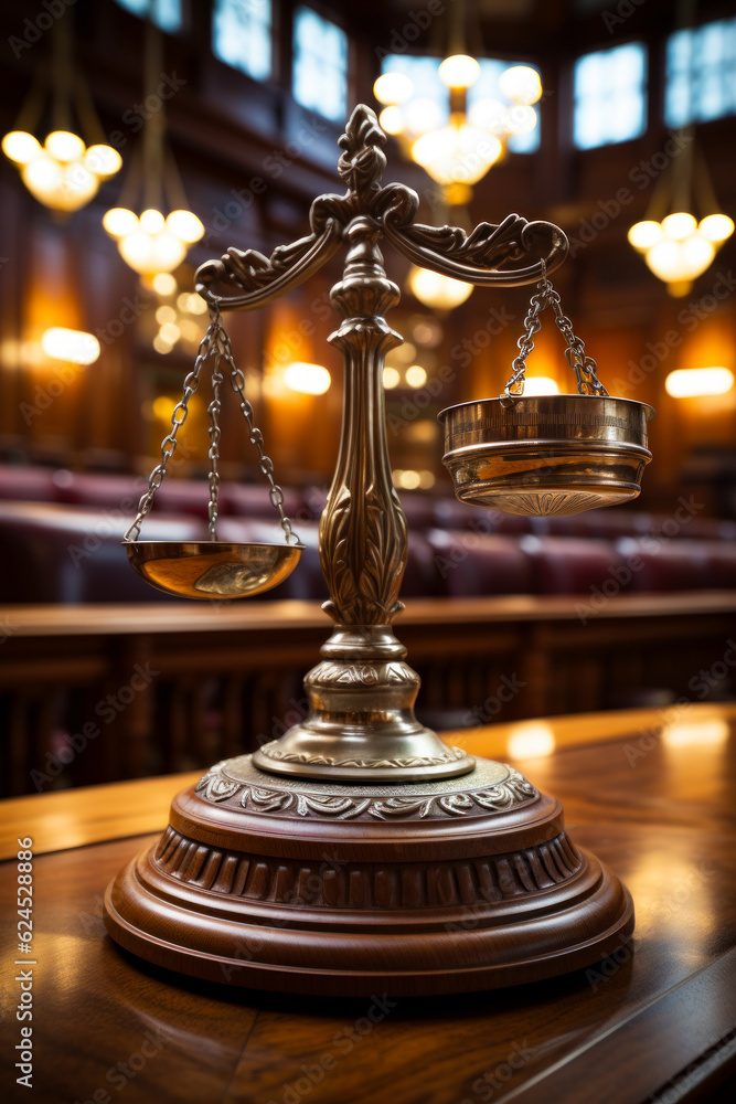 Old-fashioned scales with different cups. Balance scales of justice in ...