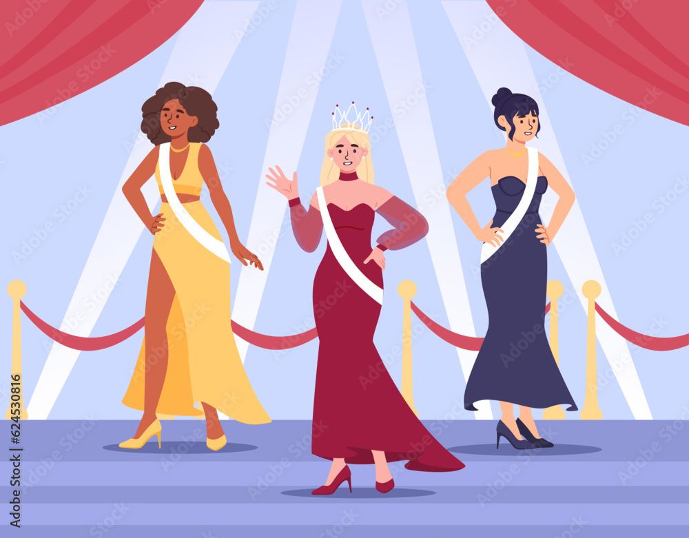 Beauty pageant winner concept. Young girls in colorful dresses on stage ...