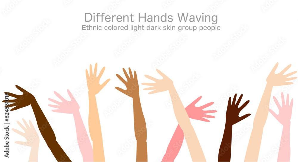 Waving colorful hands animation. Ethnic human hands wave up air ...