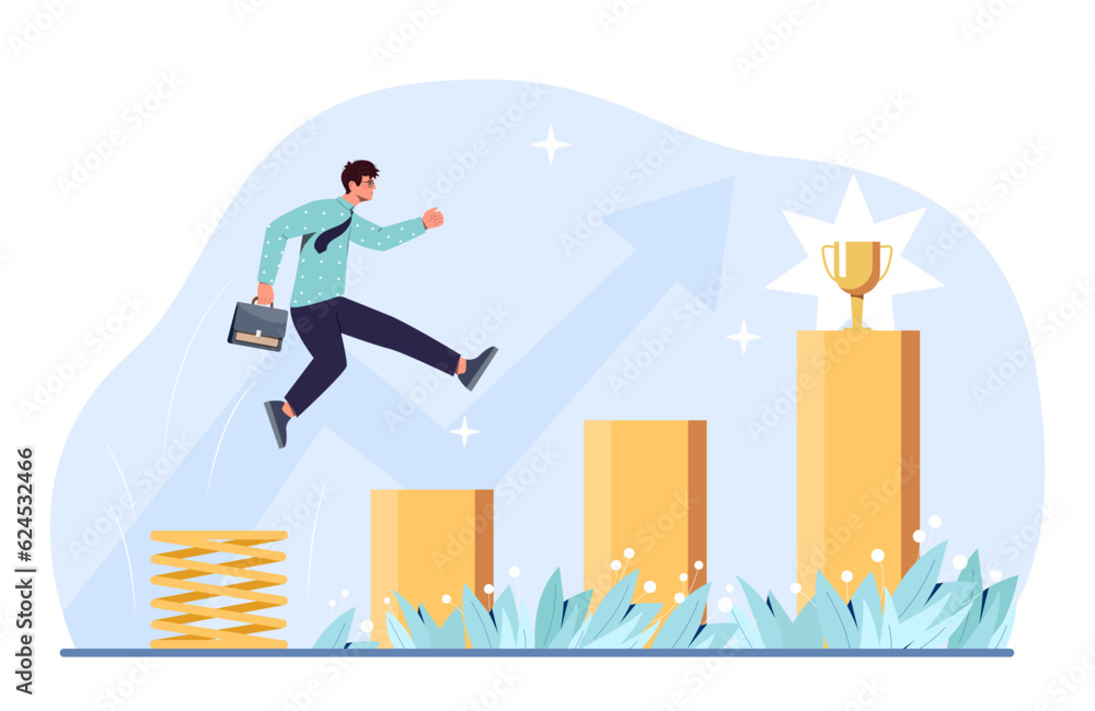 Man jump to goal concept. Young guy climbs up posts to golden cup ...