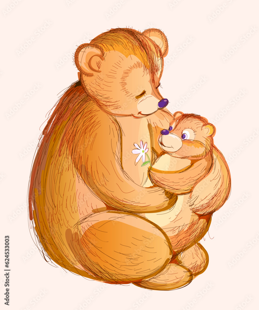 Illustration of cute bear mom with little baby. Printable page for ...