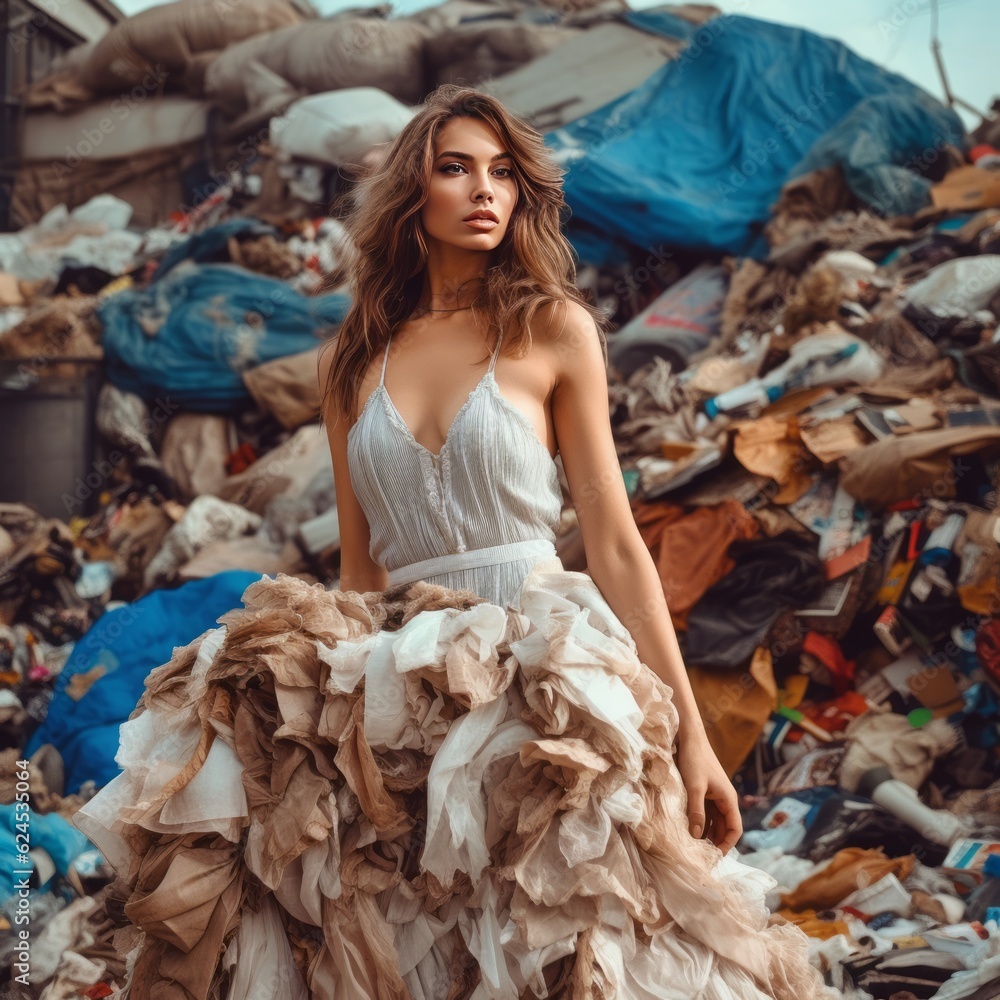 Beautiful woman in a fashion dress posing in a pile of trash. Attractive girl in a pollution and ...