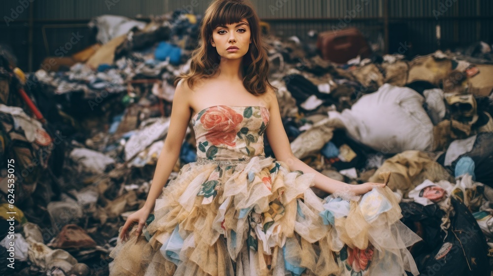 Beautiful woman in a fashion dress posing in a pile of trash ...