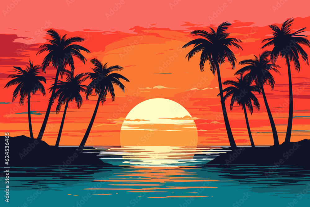 Doodle inspired Beach sunset, cartoon sticker, sketch, vector ...