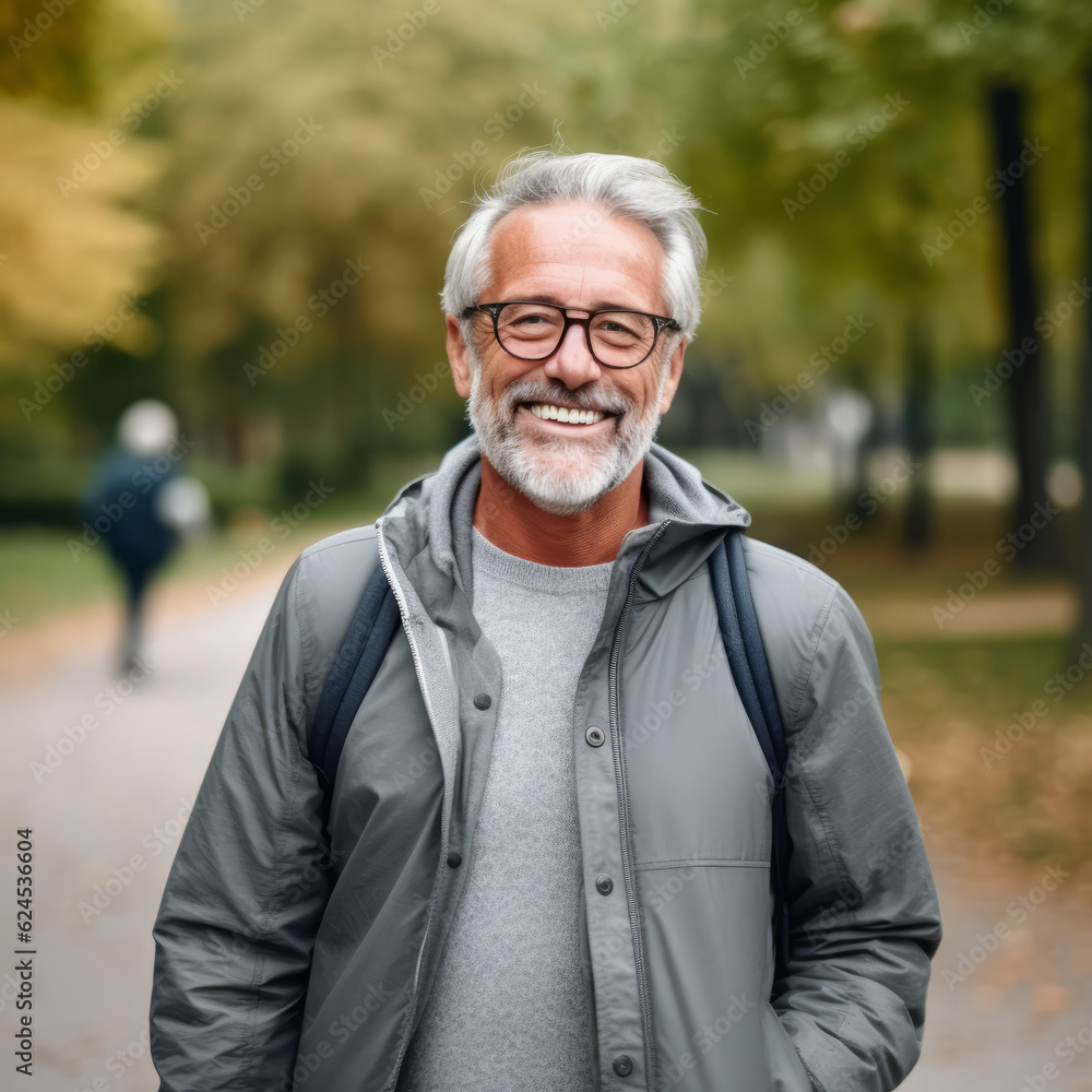 Handsome happy European man wearing glasses and smiling in the park ...