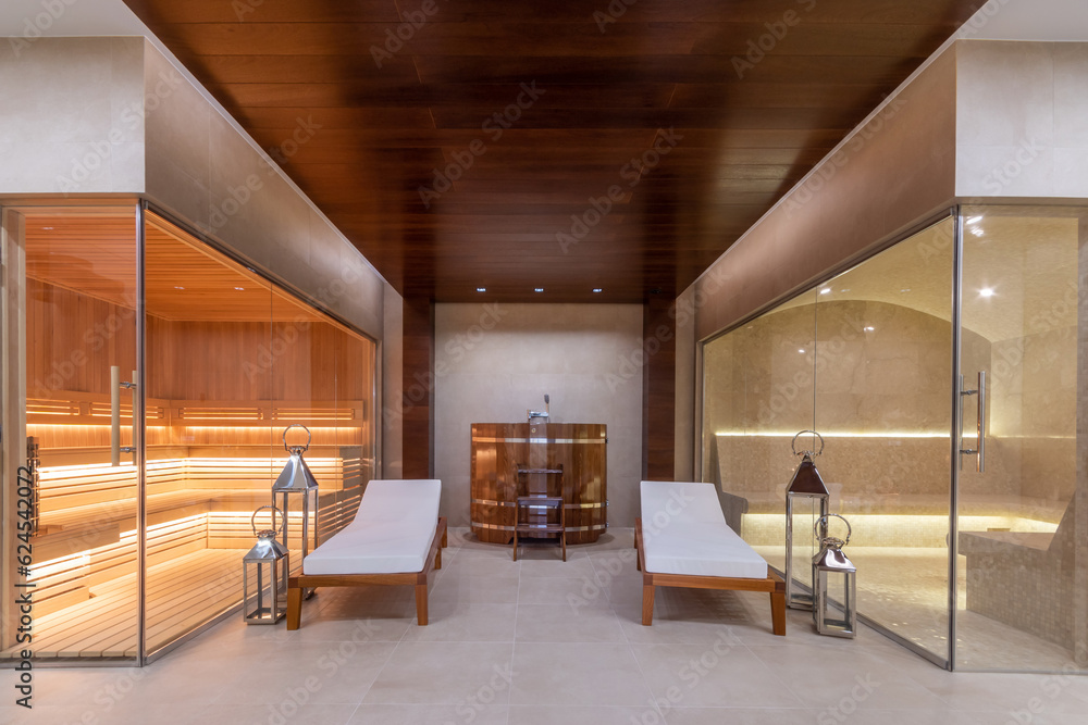 Exclusive design of the basement of a luxury mansion with a sauna and a ...