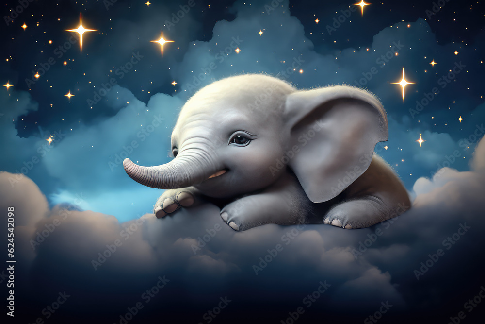 Cute little baby elephant sitting on a cloud in a starry night sky and fluffy white clouds ...