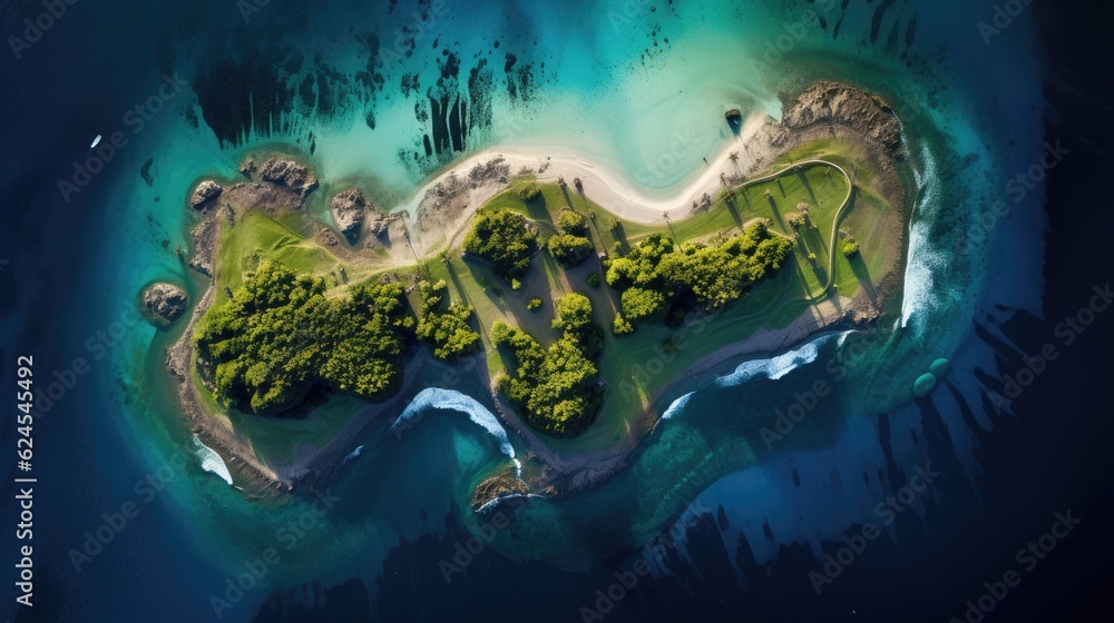 an Aerial top view of a Beautiful Island, in an Azure sea surrounded by ...