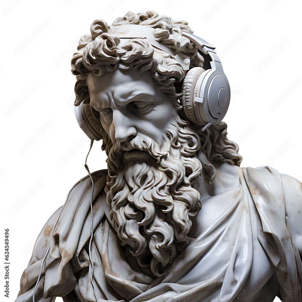 Ancient greek Zeus sculpture wearing headphones, marble sculpture ...