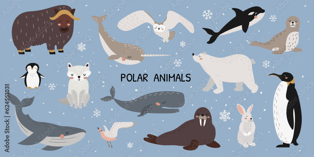 Vector illustration of cute polar animals, marine mammals and birds ...