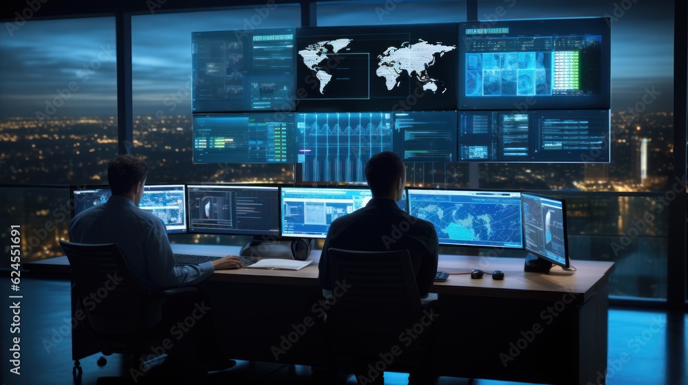 Network operations center ( NOC) with technicians monitoring network ...
