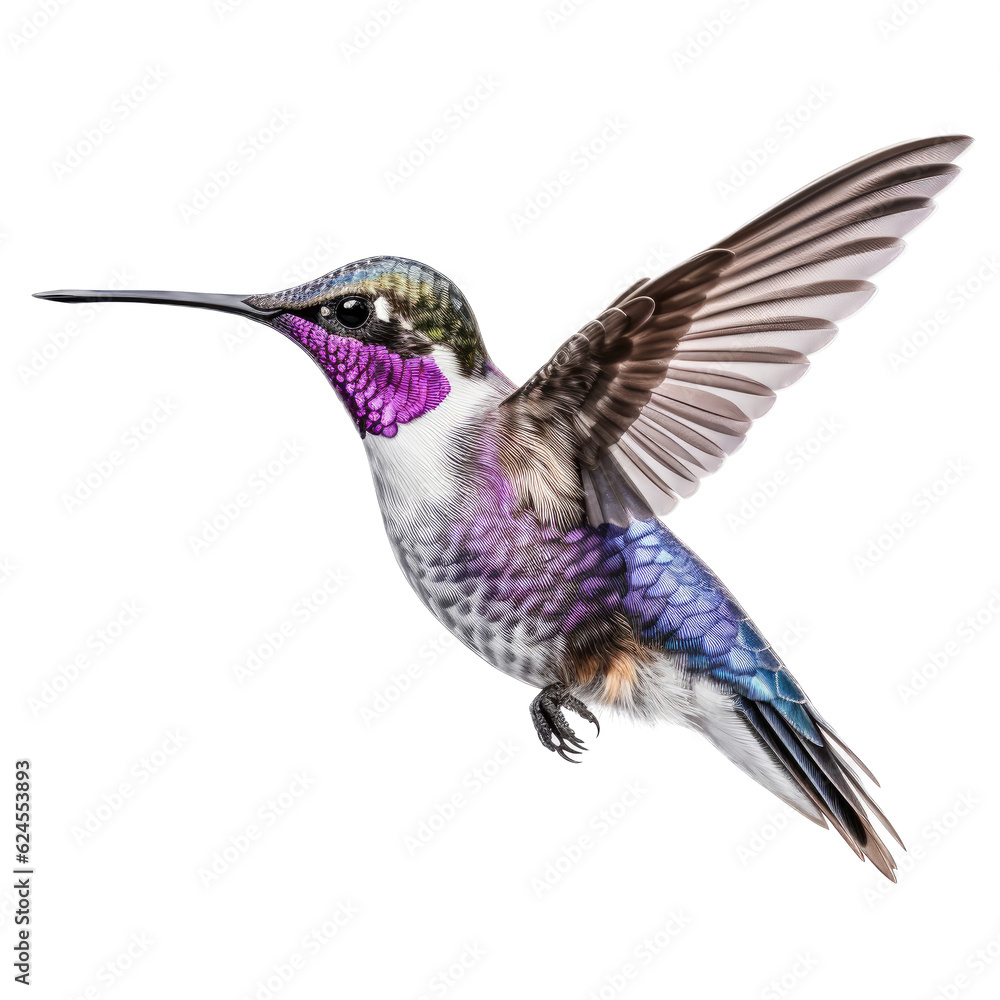 an oasis hummingbird (Rhodopis vesper )in-flight, wings spread a side ...