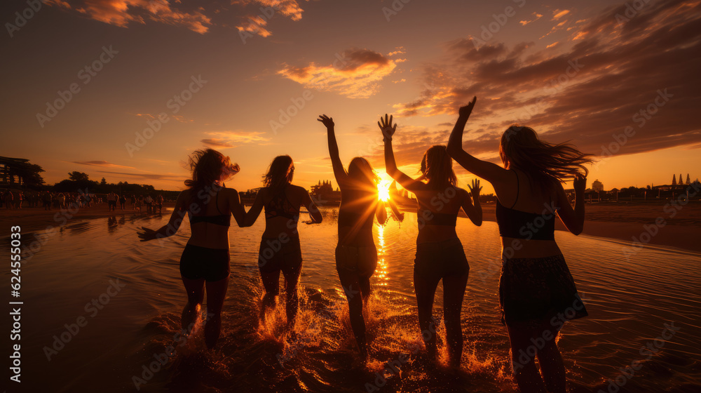 Sunset Farewell. Group of friends saying goodbye to the beach at sunset ...