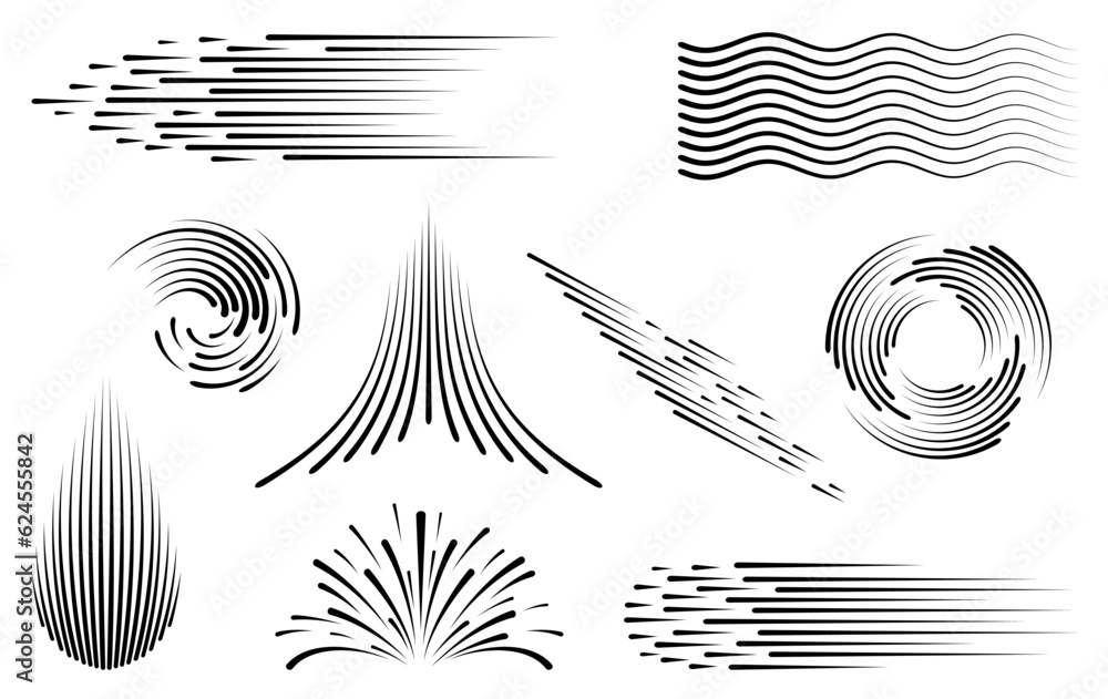 Speed line. Set various symbols of motion, speed, explosion, radiance ...