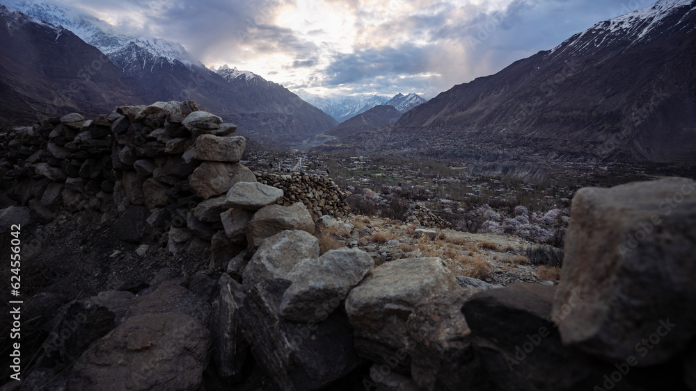 View of Hunza Valley trough a frame during sunrise, Aliabad, Gilgit ...