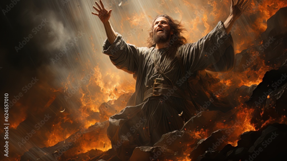 Judgment Day. Angry God stands against the backdrop of blazing fiery ...