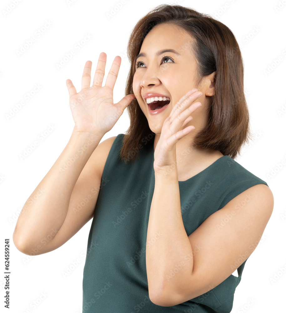 Young Asian woman doing a shocked surprise gesture shouting with hands ...