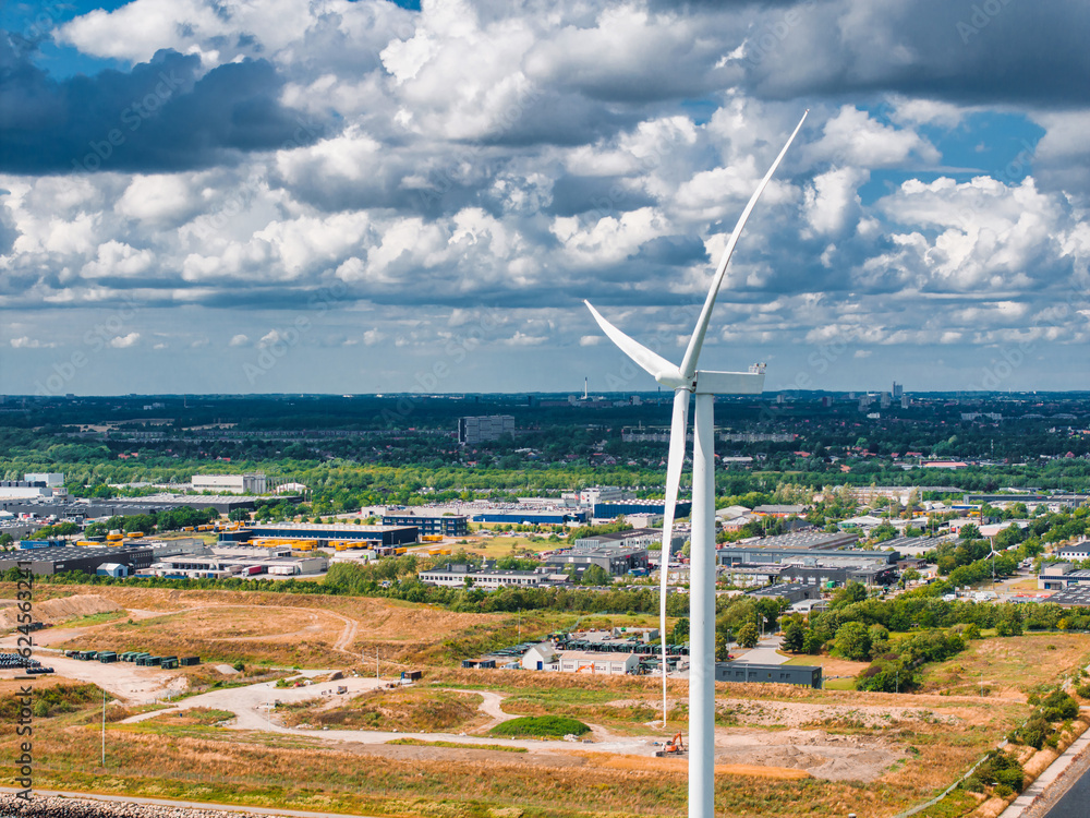Aerial view of the wind turbines. Green ecological power energy ...