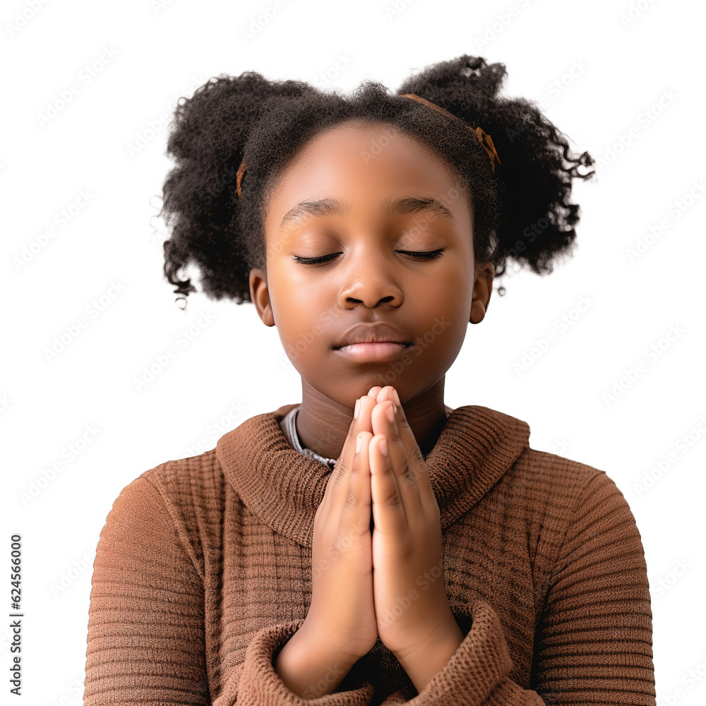 African American girl portrait praying over isolated transparent ...