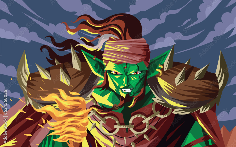 savage green orc with fire torch Stock Vector | Adobe Stock