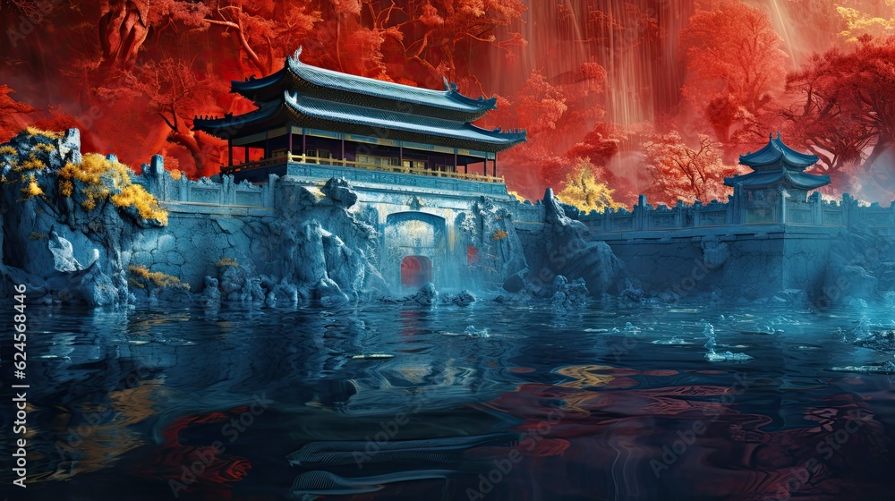 Otherworldly Ancient Chinese Palace by the Lake in a Dark Red Forest ...