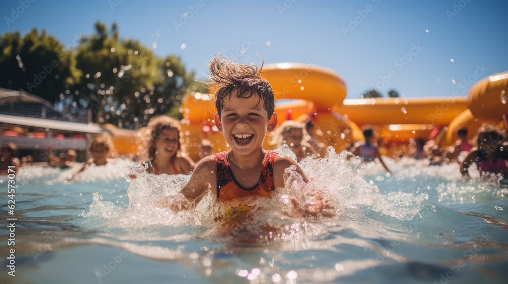 Water Park Adventure. Wide-angle photo of a kid swimming in a vibrant ...