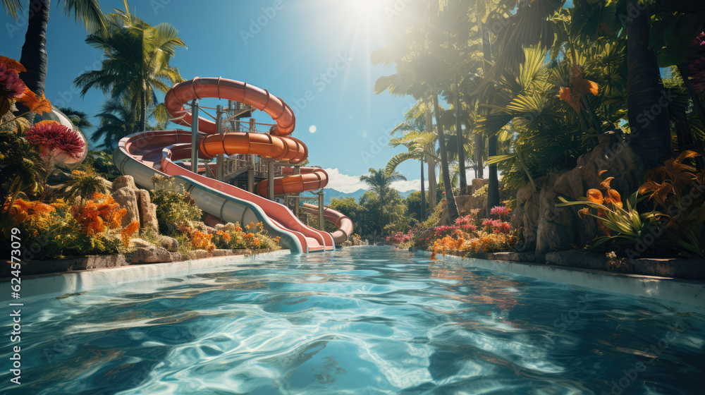 Water Park Adventure. Wide-angle photo of a kid swimming in a vibrant ...