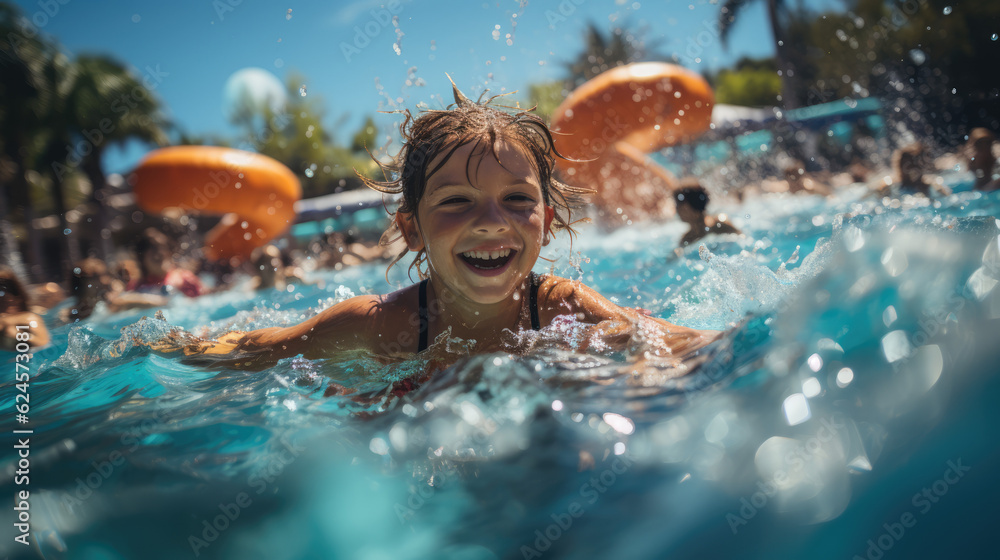 Water Park Adventure. Wide-angle photo of a kid swimming in a vibrant ...