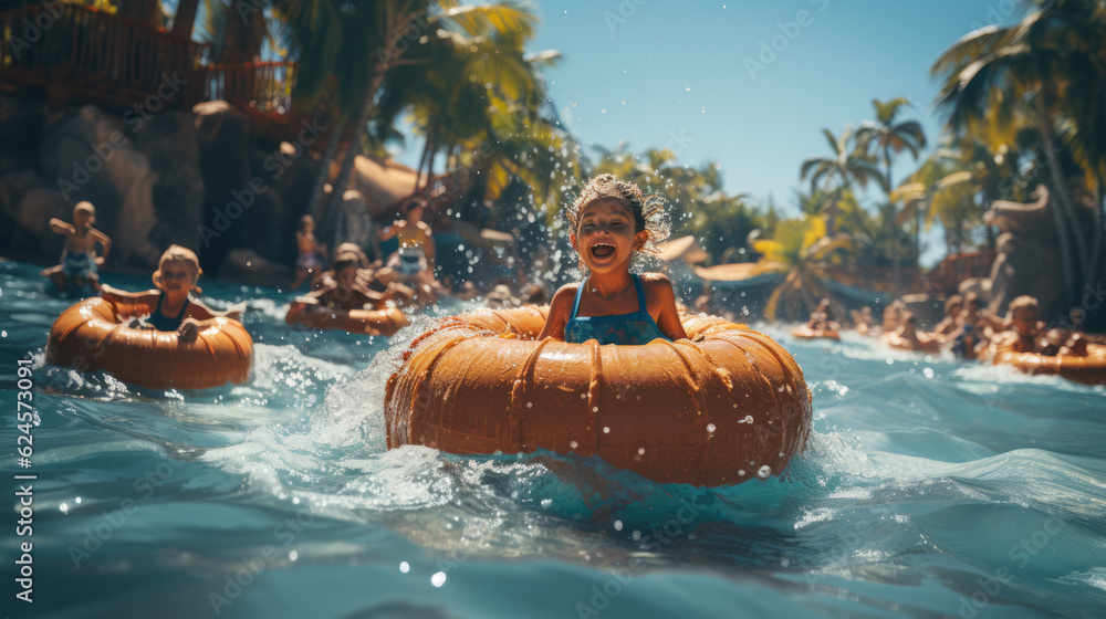 Water Park Adventure. Wide-angle photo of a kid swimming in a vibrant ...