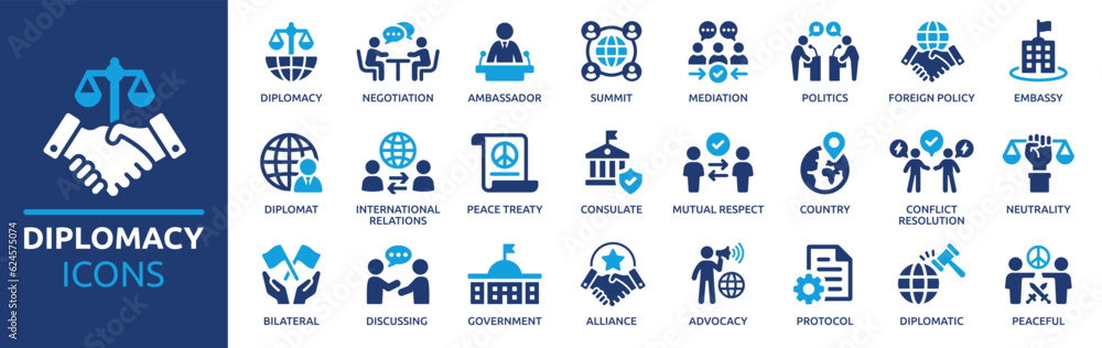 Diplomacy icon set. Containing ambassador, negotiation, embassy ...
