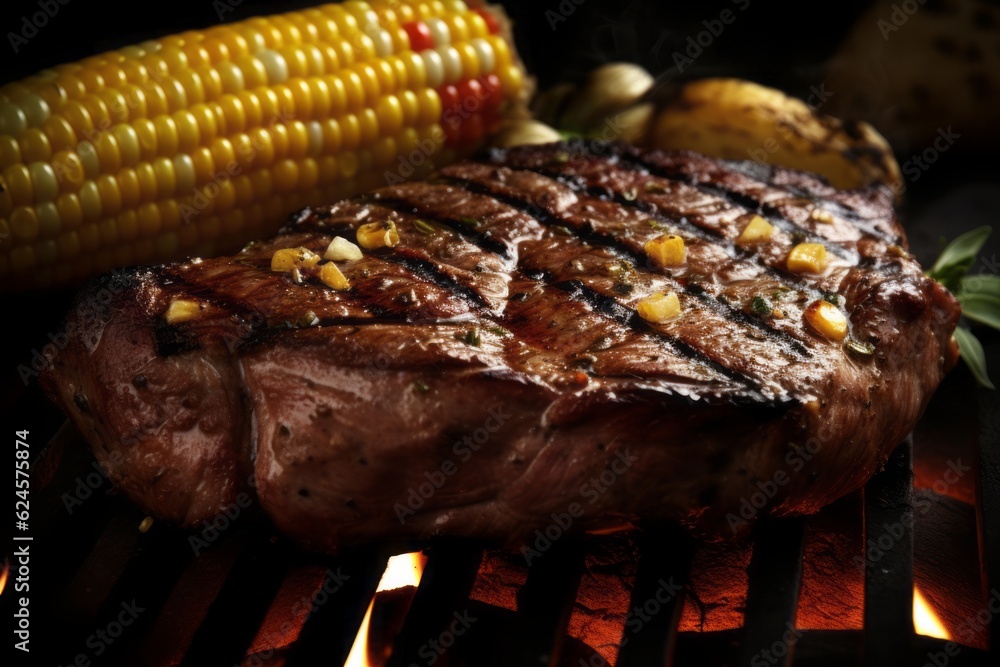 grilled meat on the grill, Steaks, Corn, Sausages, Tomato, and Zucchini ...