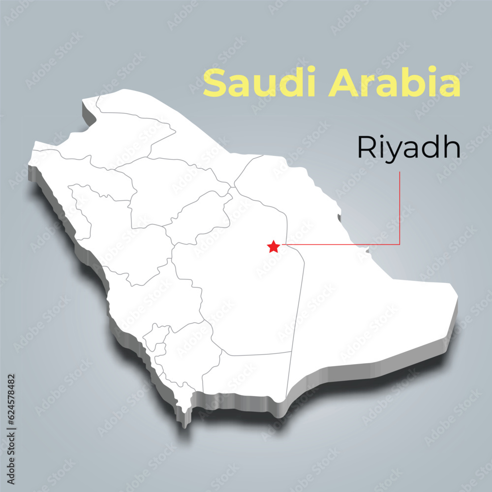 Saudi Arabia 3d map with borders of regions and it’s capital Stock ...
