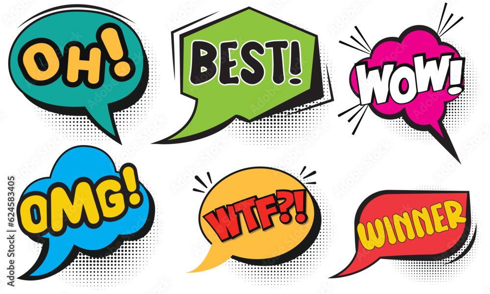 Collection of Cartoon, Comic Speech Bubbles. Colored Dialog Clouds with ...