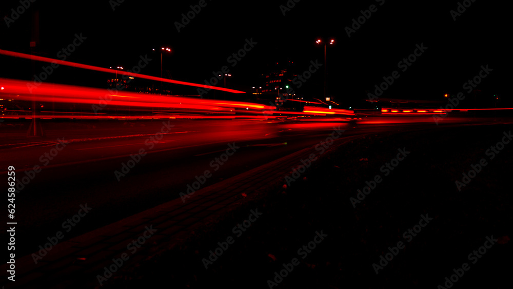 Lights of cars at night. Street line lights. Night highway city. Long ...