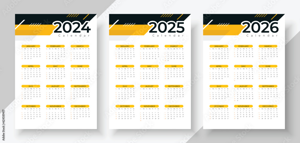 Simple calendar set for 2024, 2025, 2026 years. Simple editable vector ...