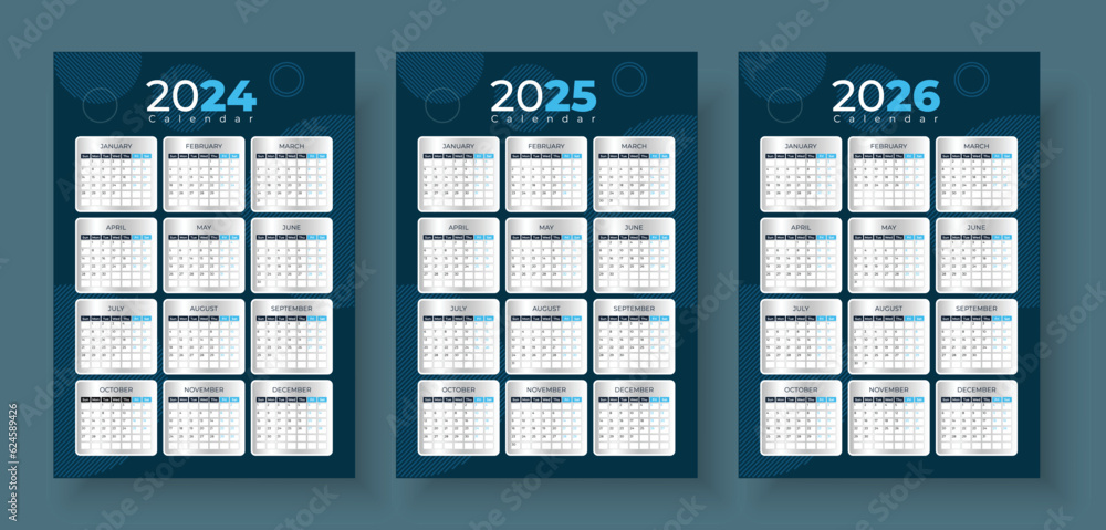 Simple calendar set for 2024, 2025, 2026 years. Simple editable vector ...