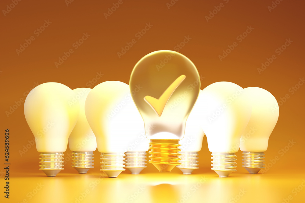 Light bulb with check mark on a golden background. Validation and ...
