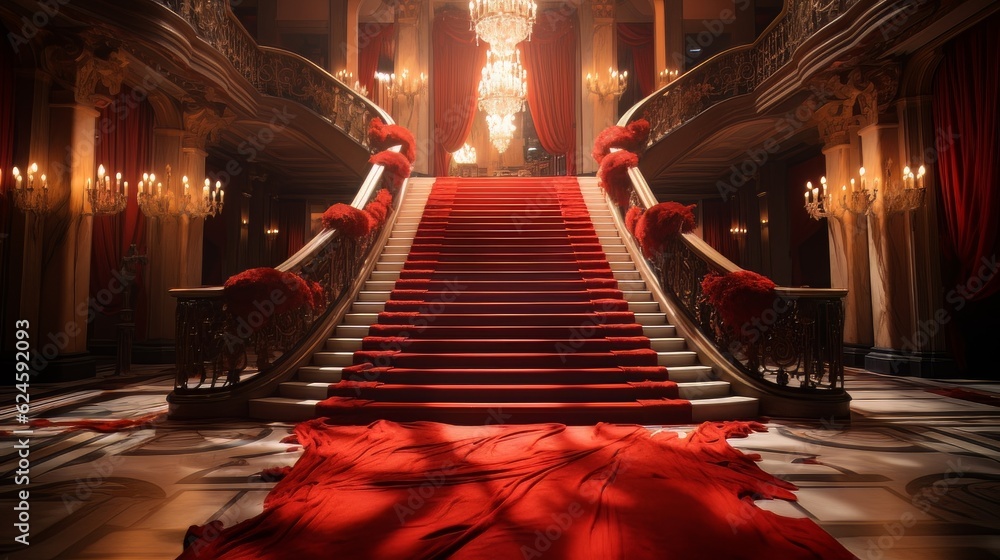Red glowing carpet and ceremonial VIP staircase, close up. VIP luxury ...