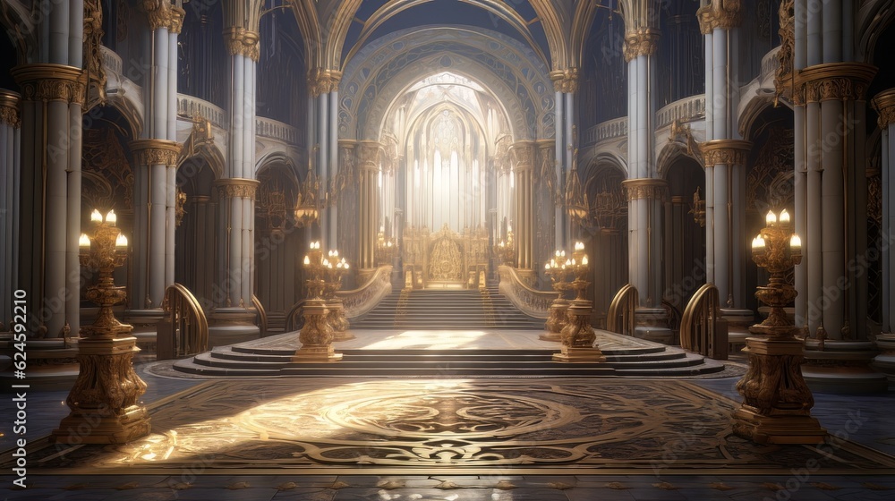 A realistic fantasy interior of the royal palace. golden palace. castle ...