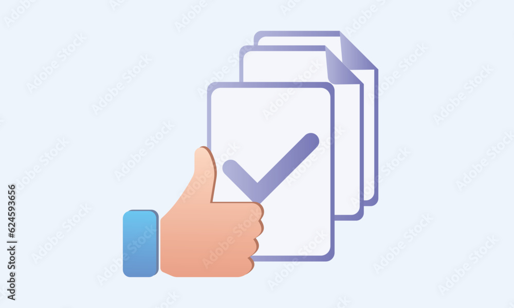 Document with tick sign and thumb up gesture. Like sign, agreement ...